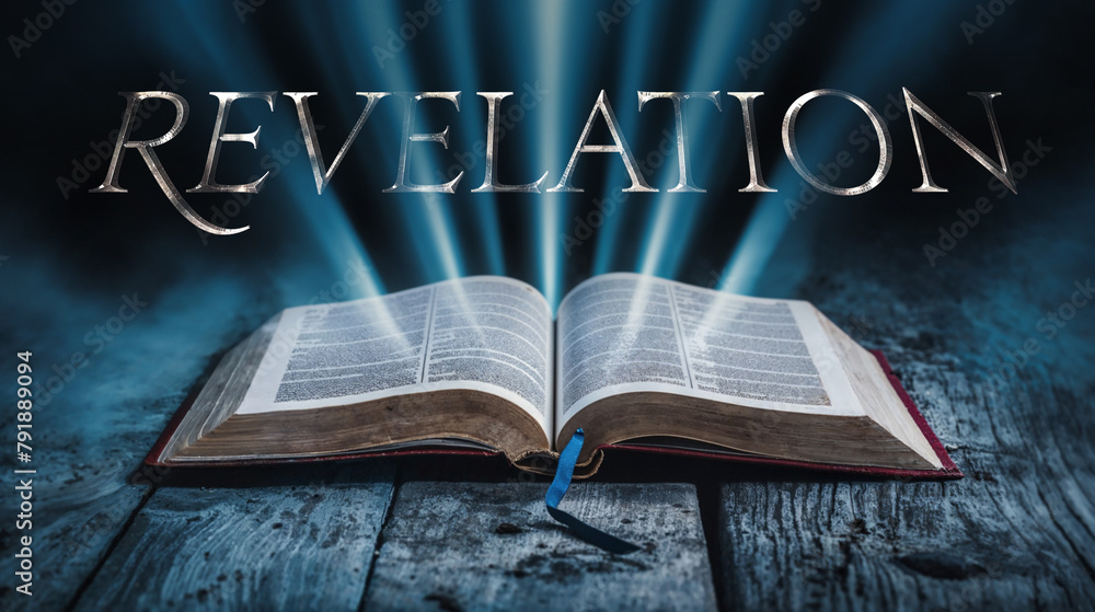 The book of Revelation. Open bible with blue glowing rays of light. On ...