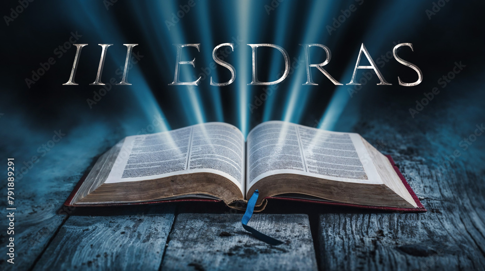 The book of 3 Esdras. Open bible with blue glowing rays of light. On a ...