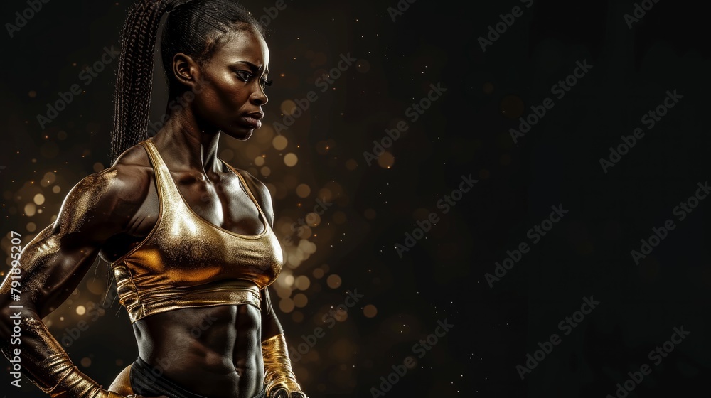 Gold glitter on bodybuilder woman body. Web banner female on the left ...