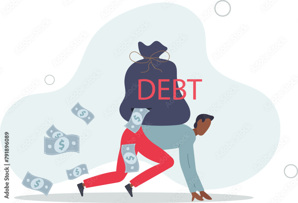 businessman carrying big debt money bag losing money banknotes.flat ...