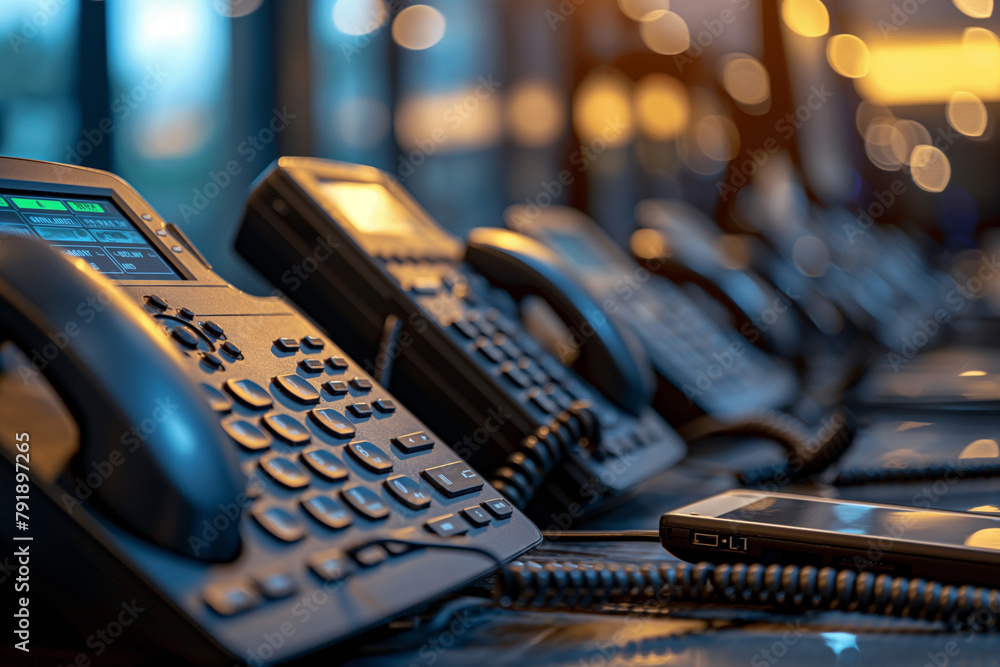 “Lines of Communication” A row of office telephones illuminated by ...