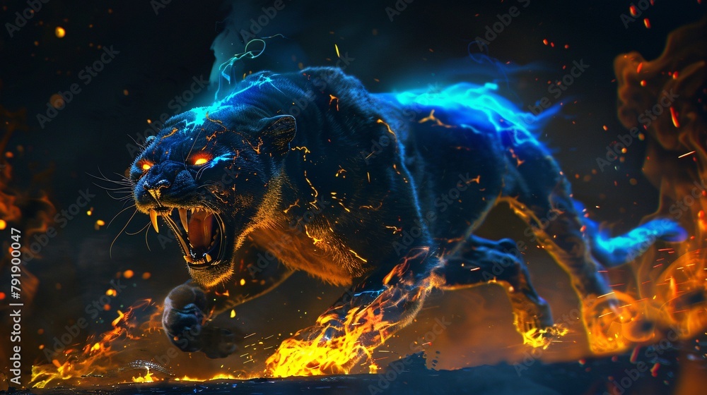 Angry black jaguar with open mouth and fiery mane, Glowing yellow eyes ...