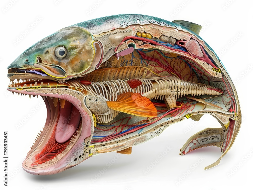 A cross-section of a fish showing its internal organs and skeletal ...