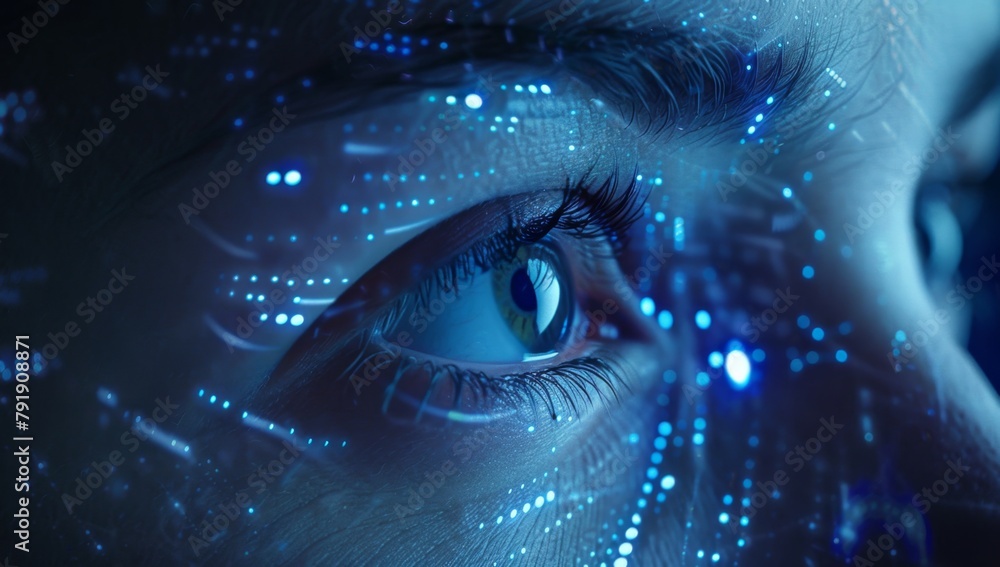 Closeup of digital lines and dots on the face, focusing on one eye A ...