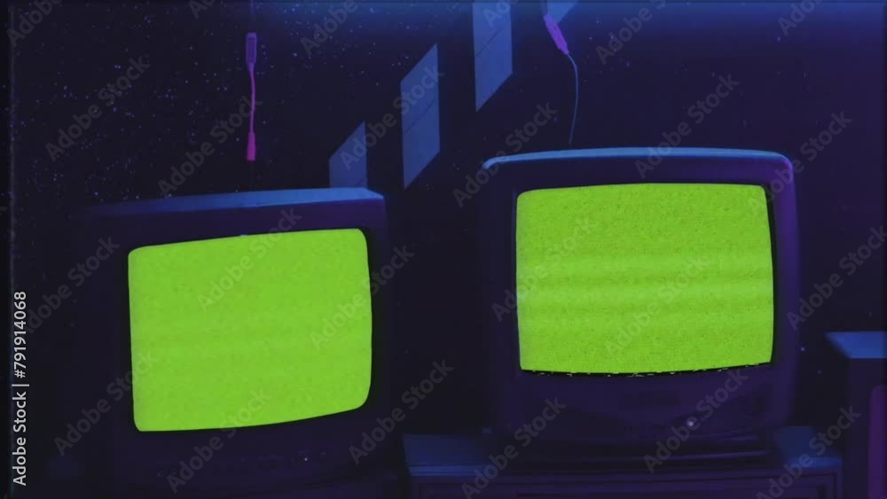 Retro Television Green Screen Static Noise Neon Lights Old VHS Effect ...