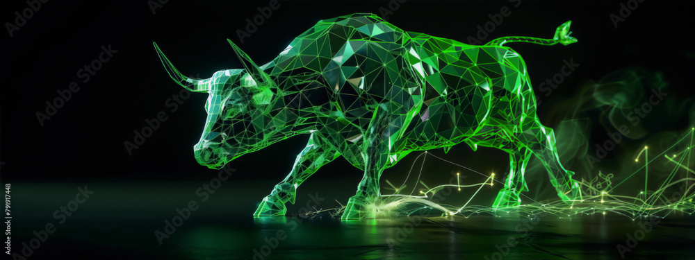 Green bull charges forward in a dynamic display of strength and power ...