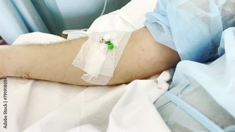 Intravenous needle inside patient's vein and fluid solution drip, male ...
