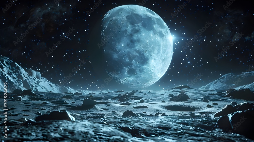 Moon looking blue in space. 3D scene created and modelled in Adobe ...