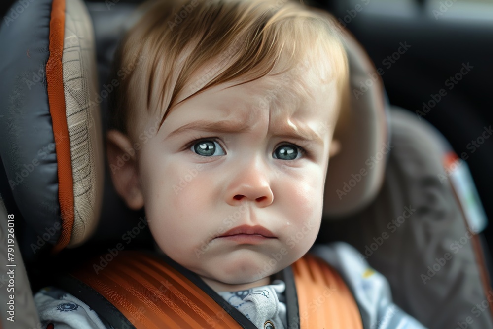 Crying baby boy in car seat, focused and clear, capturing emotion ...
