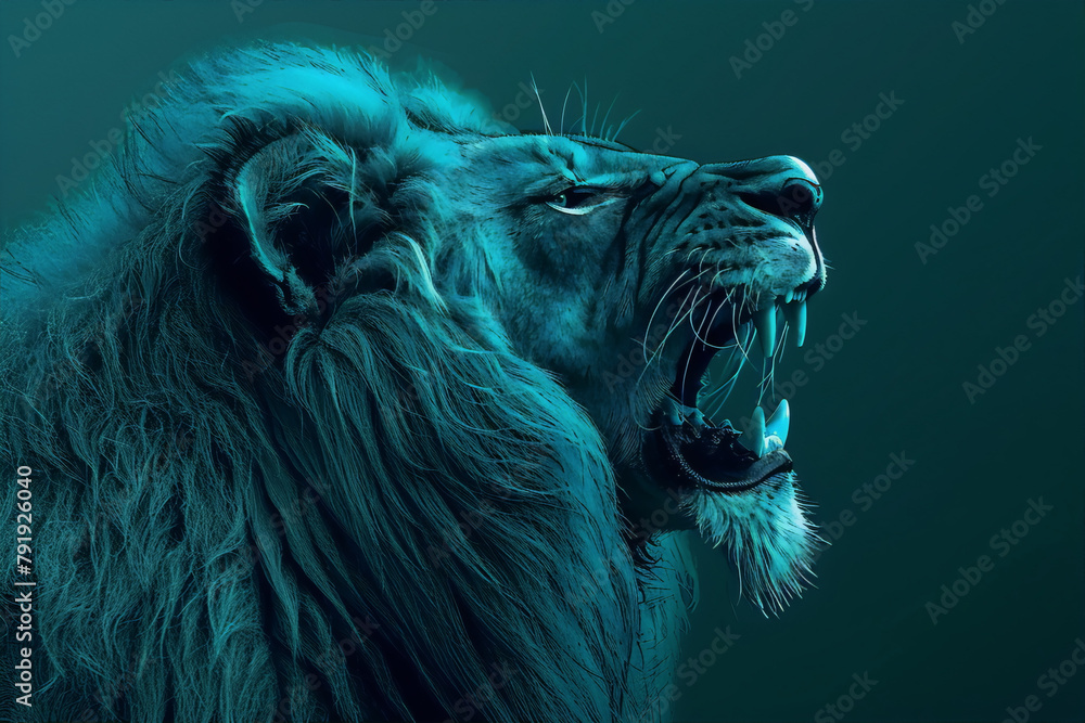 A turquoise lion with a dark background in semi-realistic style with a ...