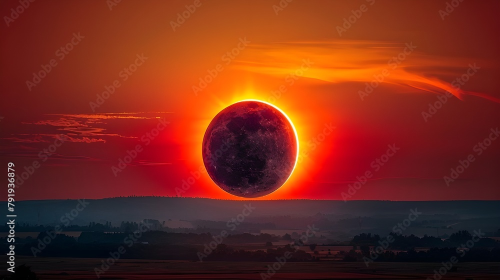 Apocalyptic dramatic image, doomsday event concept. Glowing full moon ...