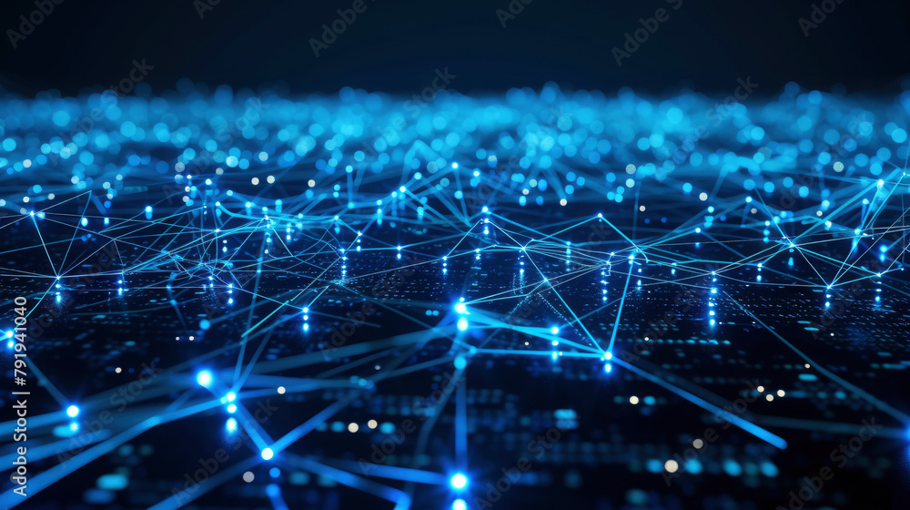 Dark blue digital data background, network surface with lights and ...