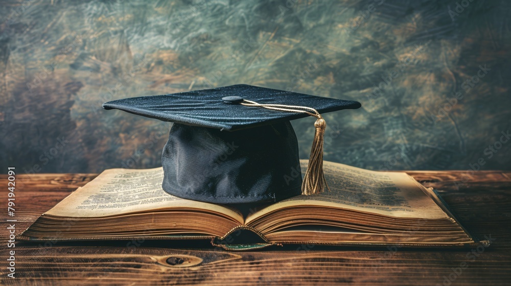 Graduation cap and an open book for education day Stock Photo | Adobe Stock