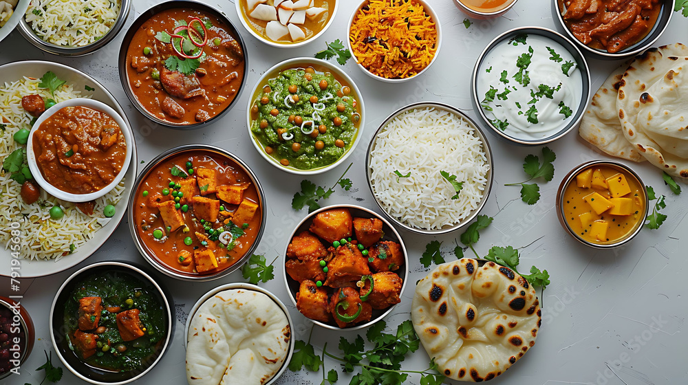 Stockfoto Indian ethnic food buffet on white concrete table from above ...