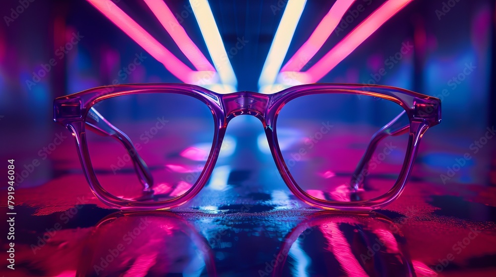 Thick Square Pink And Purple Glasses Frame Stands In The Middle Glasses Advertising Flashing