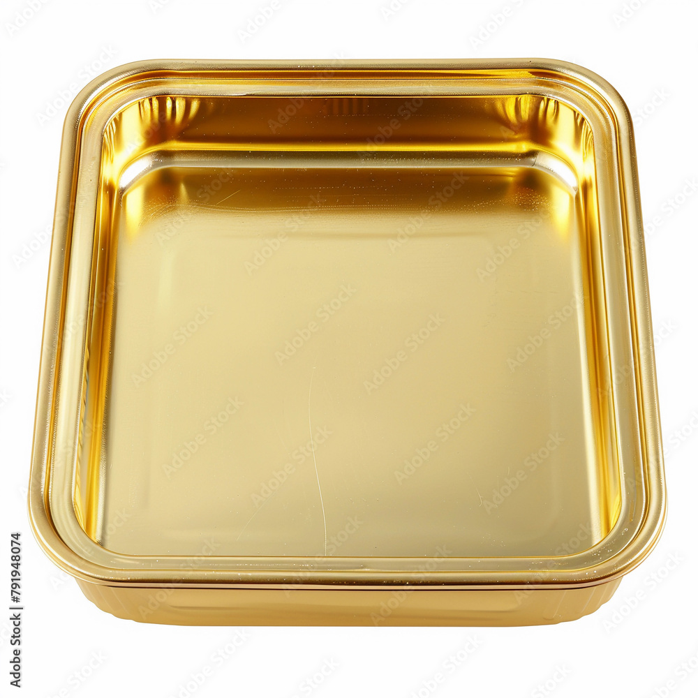 Gold box background. Top view to an open metal vintage container ...