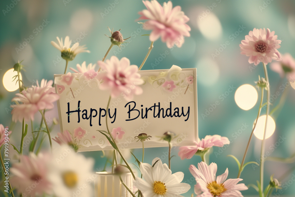 charming message "Happy Birthday" on a postcard, with a subtle backdrop ...