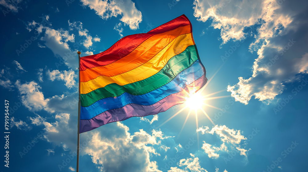 the flag of LGBT colors flying on a flagpole against the background of ...