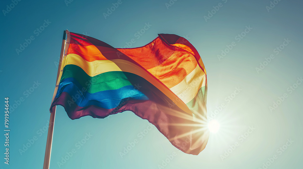 the flag of LGBT colors flying on a flagpole against the background of ...
