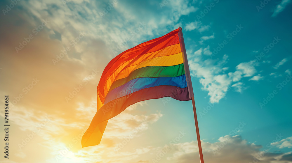 the flag of LGBT colors flying on a flagpole against the background of ...