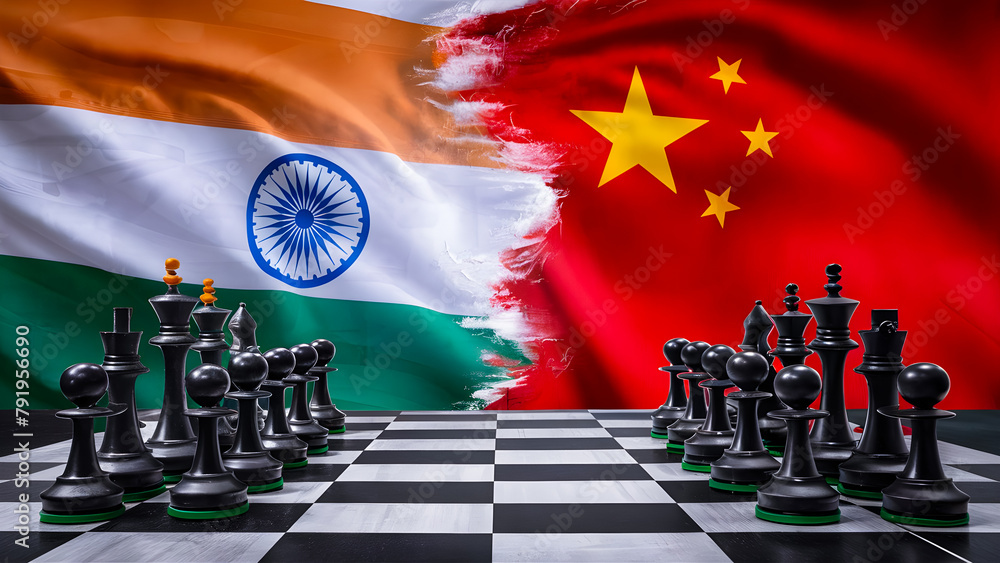 Strategic Geopolitics: India-China Chessboard with National Flags Stock ...