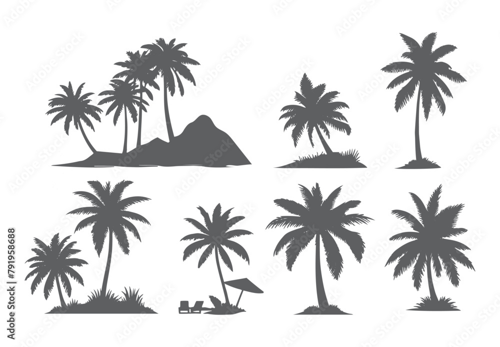 vector set of tropical palm and tree silhouettes. EPS ,Set tropical ...