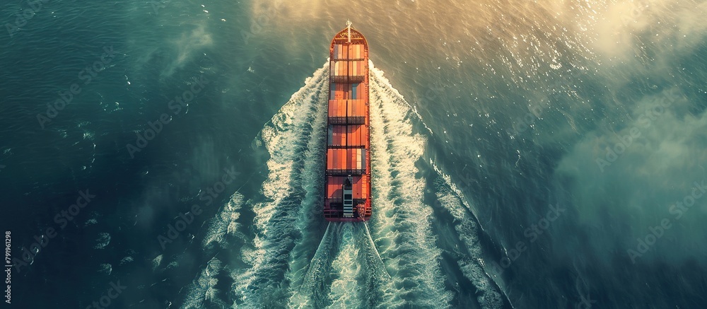 Aerial top view of cargo sea vessel with contrail on sea vessel ...
