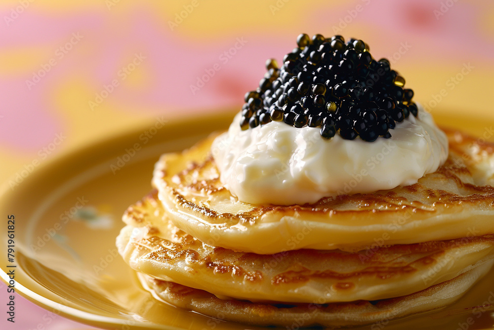 A decadent serving of Russian blinis, topped with a generous dollop of ...