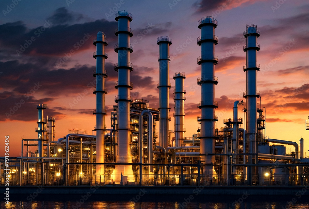 Oil and gas refinery factory at sky sunset background, petrochemical ...