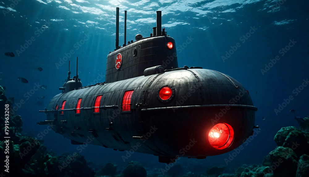 Military submarine with red lights sailing deep underwater. Submarine ...
