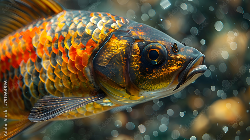 The scales of a fish as it swims just below the surface of the water ...