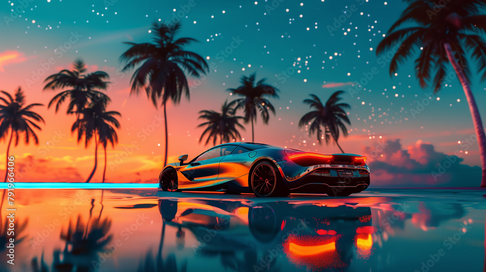 futuristic back side view supercar on sunset background. neon concept ...