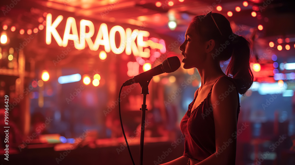 Young woman singing into microphone against the neon-lit backdrop of ...