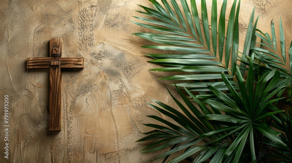 Palm Sunday Theme: Wooden Cross and Palm Leaves on Neutral Backdrop ...