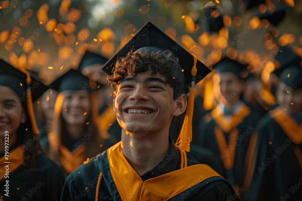 Smiling graduated young man in front of the group of happy university ...