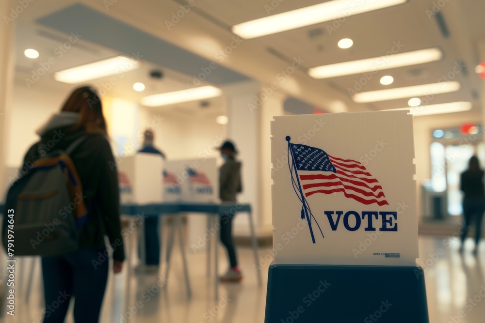 American woman casting her ballot at a polling station, with a US flag ...