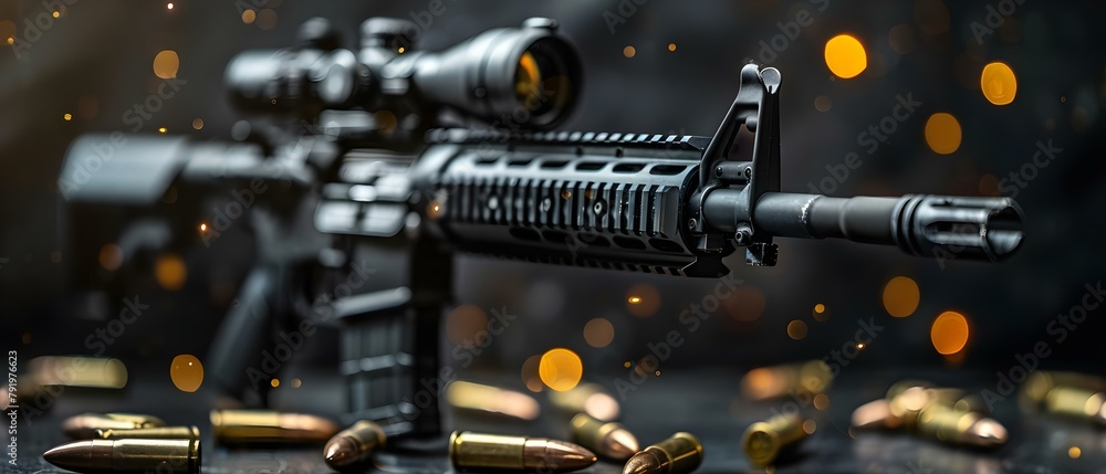 Assault rifle firing with bullets on black background for tactical team ...
