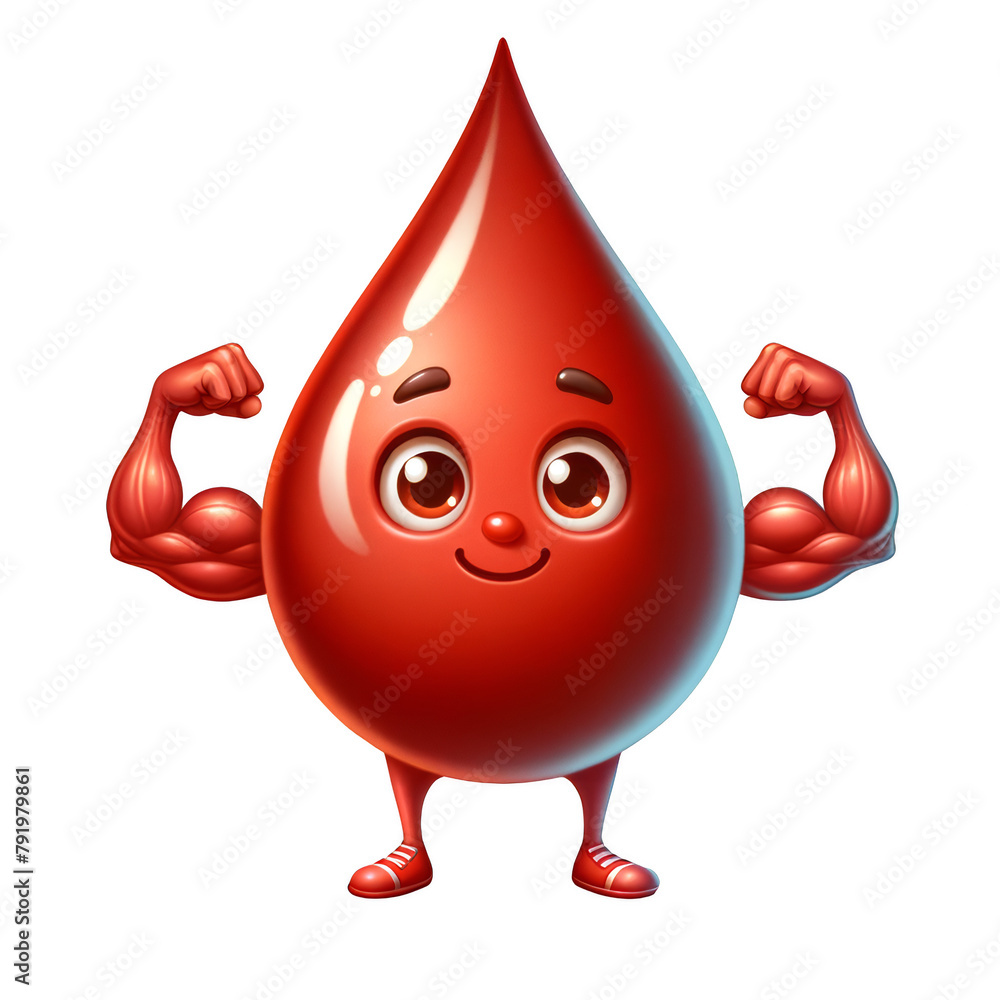 Blood drop cartoon character with big muscles. Healthy red droplet for ...