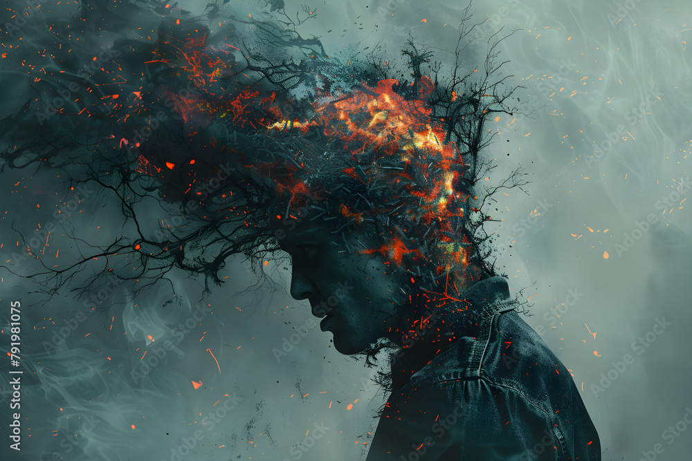 An illustration representing PTSD, showing a dark and haunting image of ...