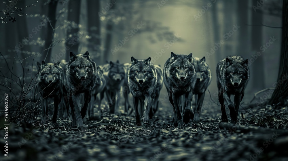 A cluster of wolves posed in a forest, before a murky backdrop shrouded ...