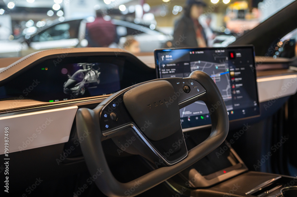 interor of Tesla Model X. Tesla screen, steering wheel, interor car ...