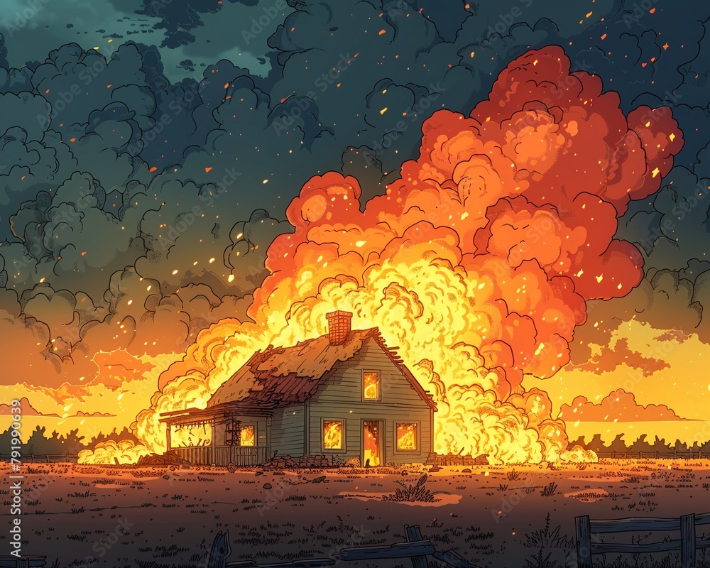 Fiery Destruction A cartoon drawing of a dwelling consumed by flames ...