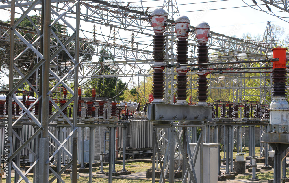 Inside a Substation with many circuit breakers busbars and isolators ...