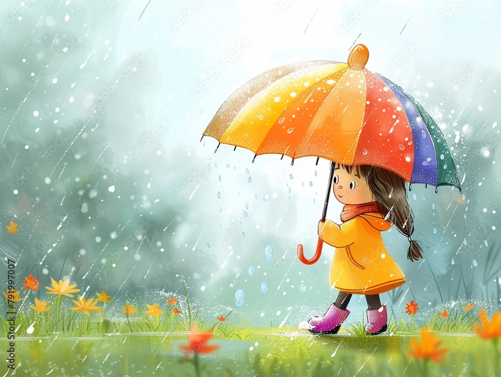 Umbrella Fun A cartoon drawing of a young girl twirling her colorful ...
