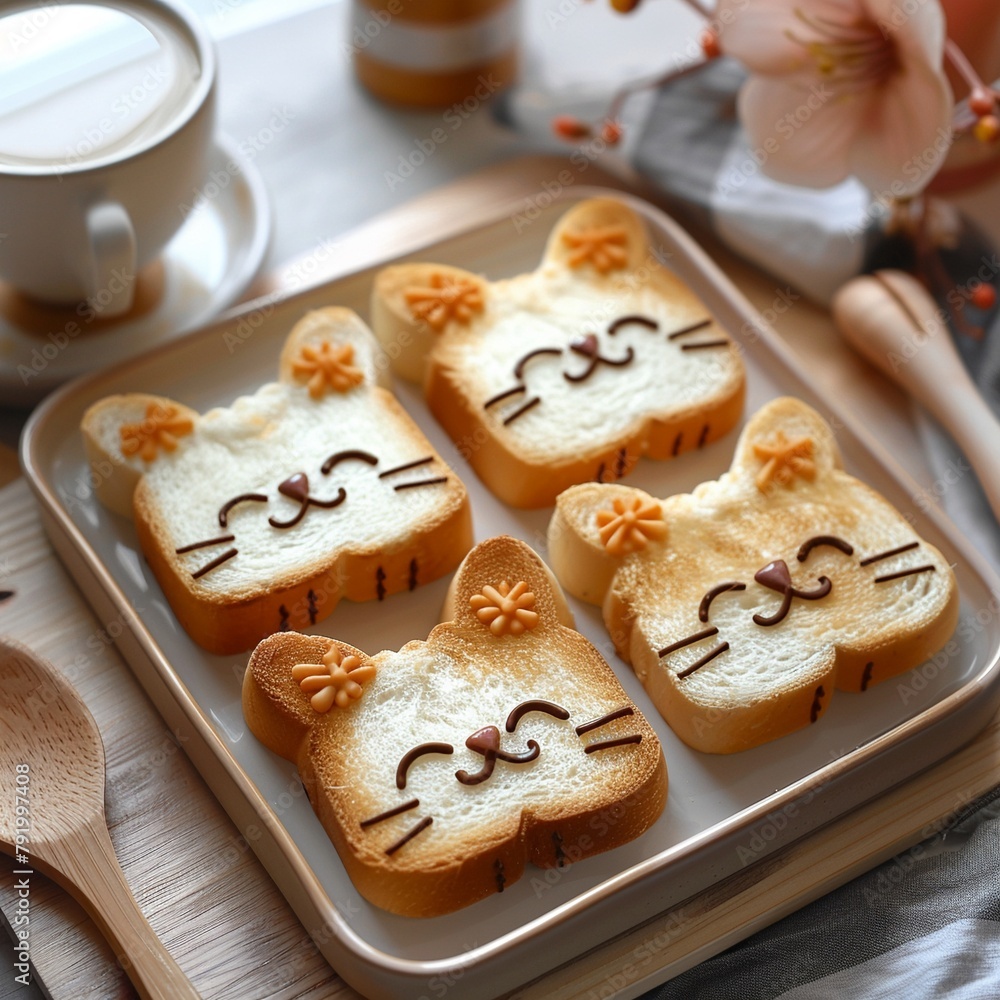 Kawaii Kitty Toast An artistic depiction of three rectangular slices of ...
