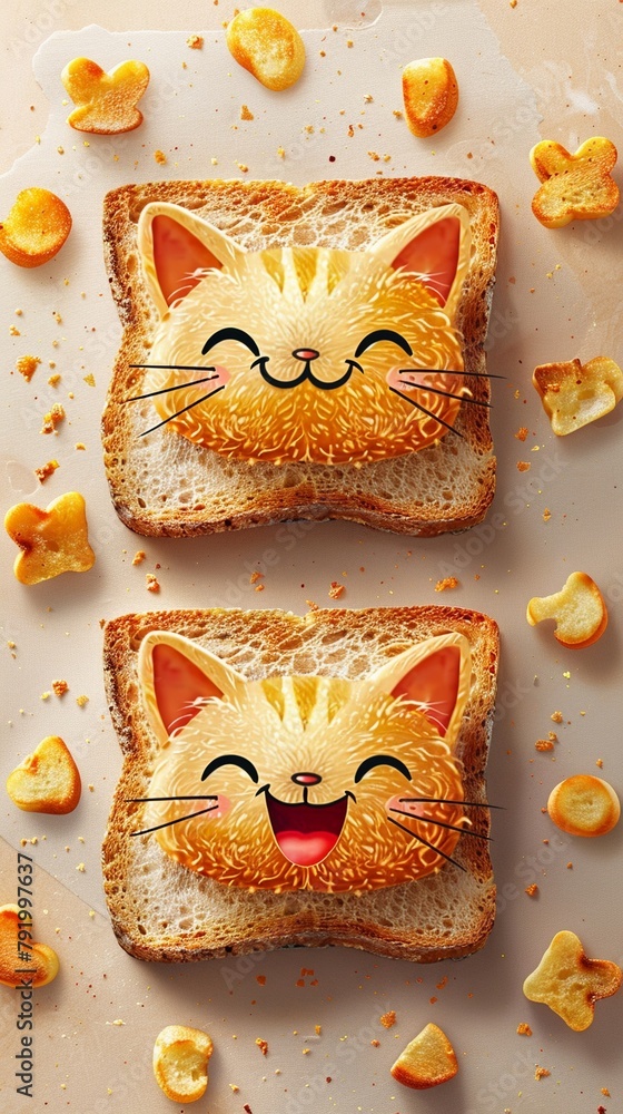 Meow Morning A 2D cartoonstyle image of three slices of toast, each ...
