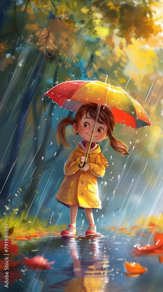 Rainy Day Dreaming A 2D cartoonstyle image of a woman standing by a ...