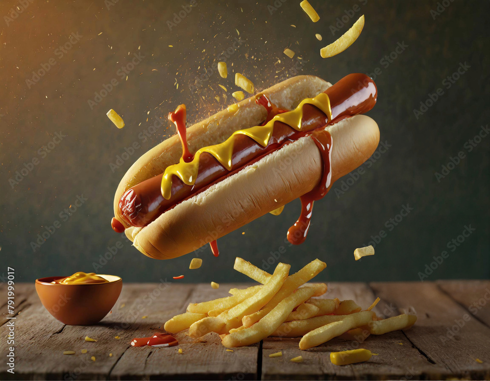 Um Cachorro Quente Flutuando Recheado Com Salsicha E Fundo Preto E