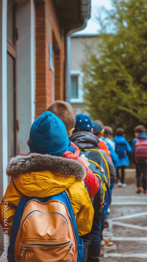 Fire drill at a school, children lining up orderly and exiting the ...