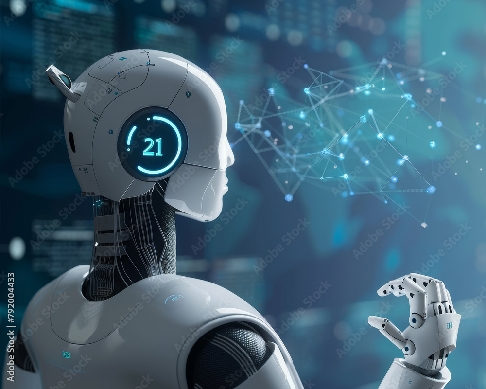 An illustration of a robot touching a digital screen with a futuristic ...